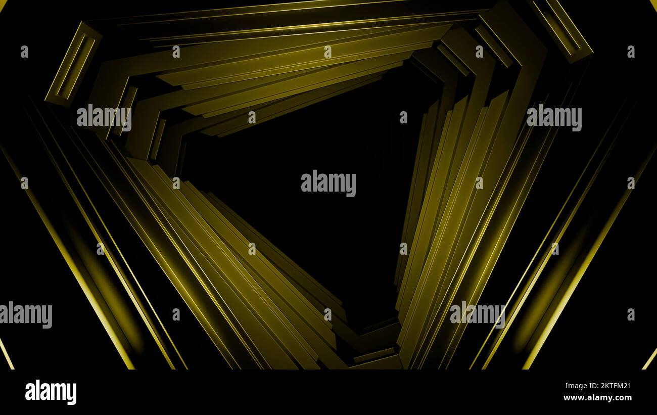 3D futuristic space and time tunnel of triangle shape. Design. Flying ...