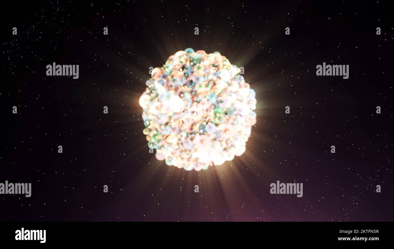 Colorful explosion of particles forming bright object. Motion. Cosmic ...