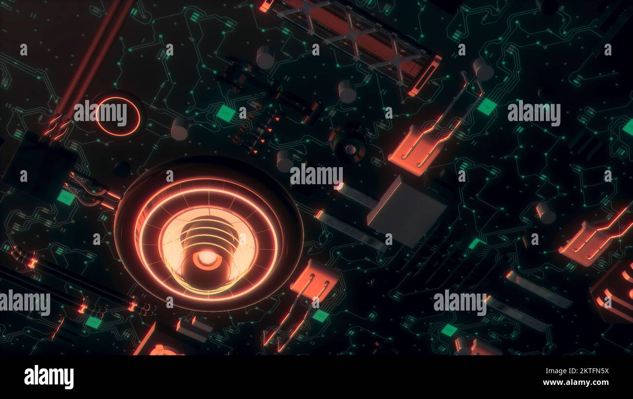 Neon Computer Chip System. Motion. Futuristic computer technology system with neon lines and ...