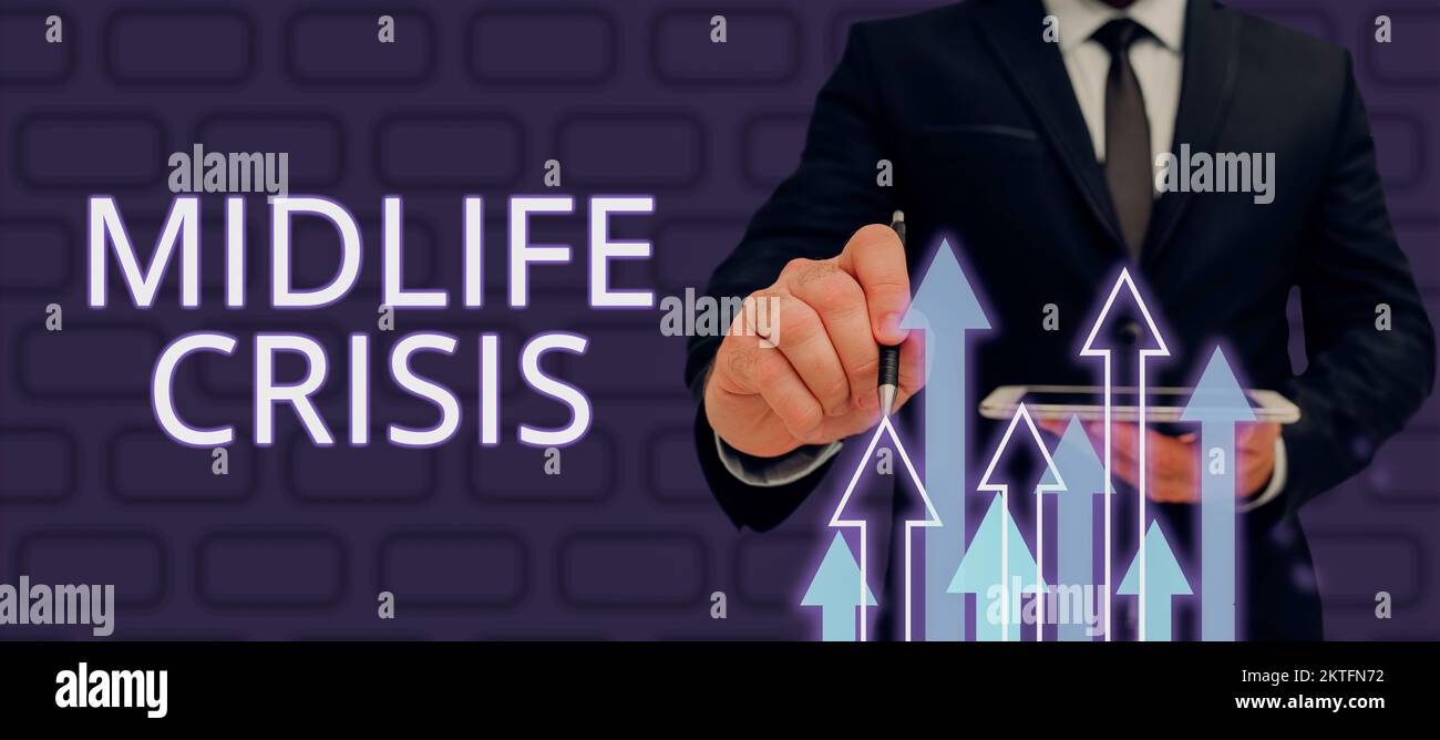 Hand writing sign Midlife Crisis, Business overview Software ...