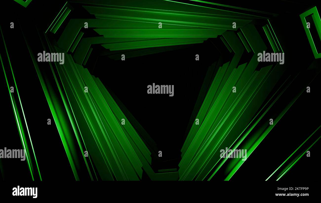 3D futuristic space and time tunnel of triangle shape. Design. Flying ...