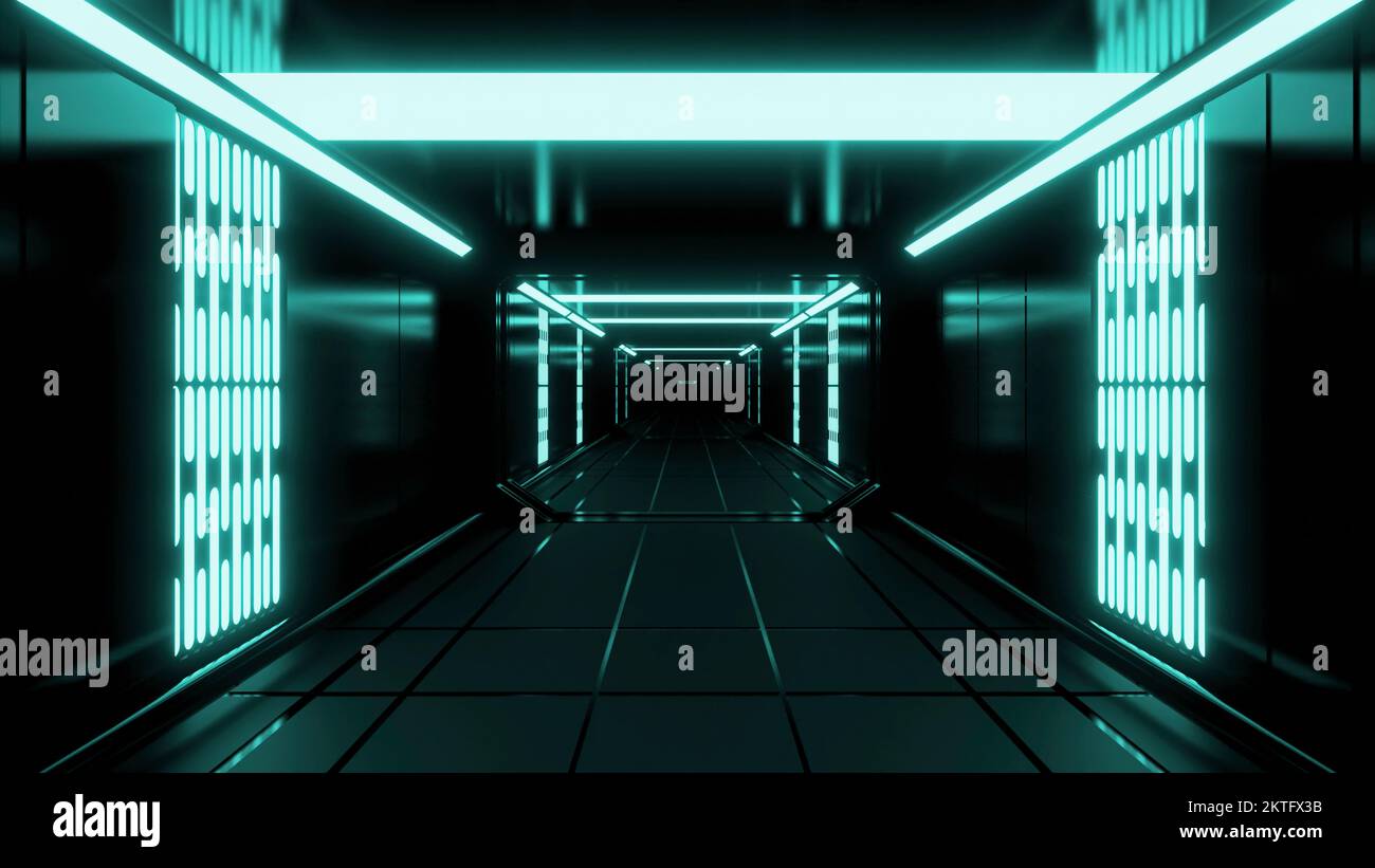 Traffic in futuristic corridor with neon lines. Design. 3D corridor ...