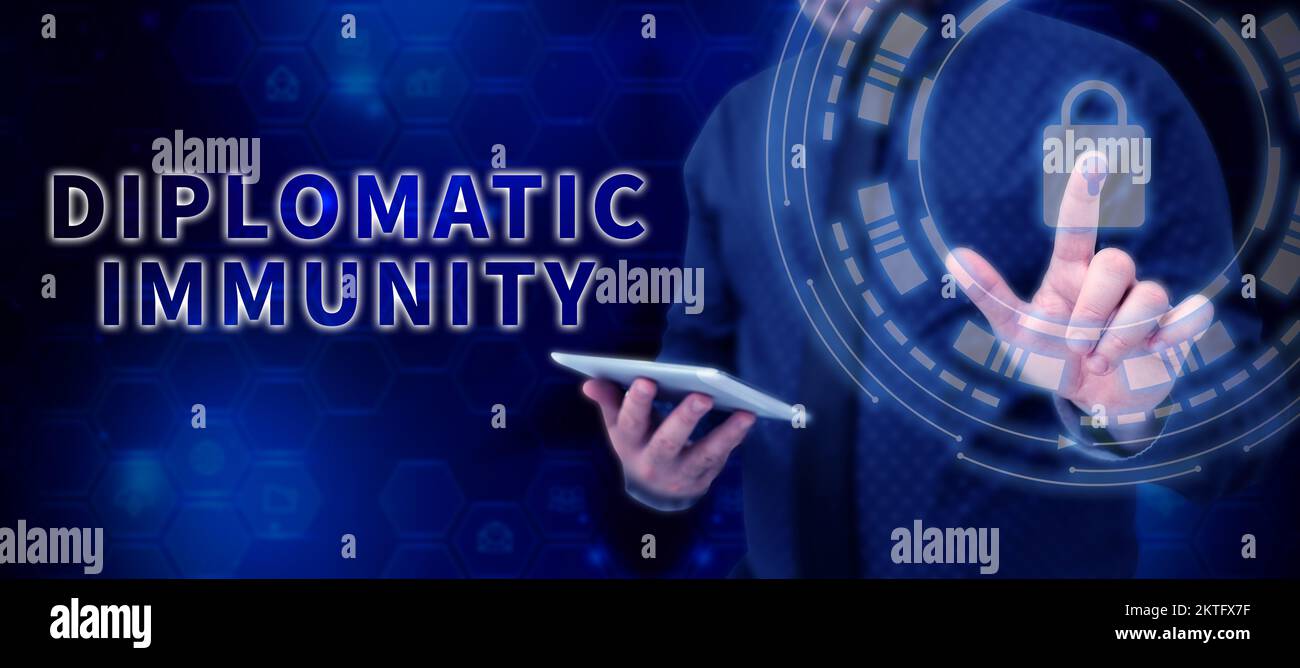 Sign displaying Diplomatic Immunity, Business showcase law that gives ...