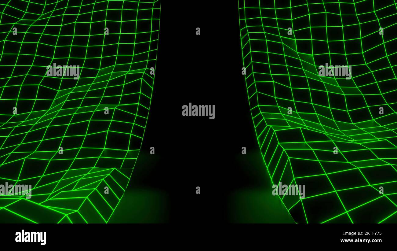 Moving curved space with computer grids. Design. Slide with neon retro ...