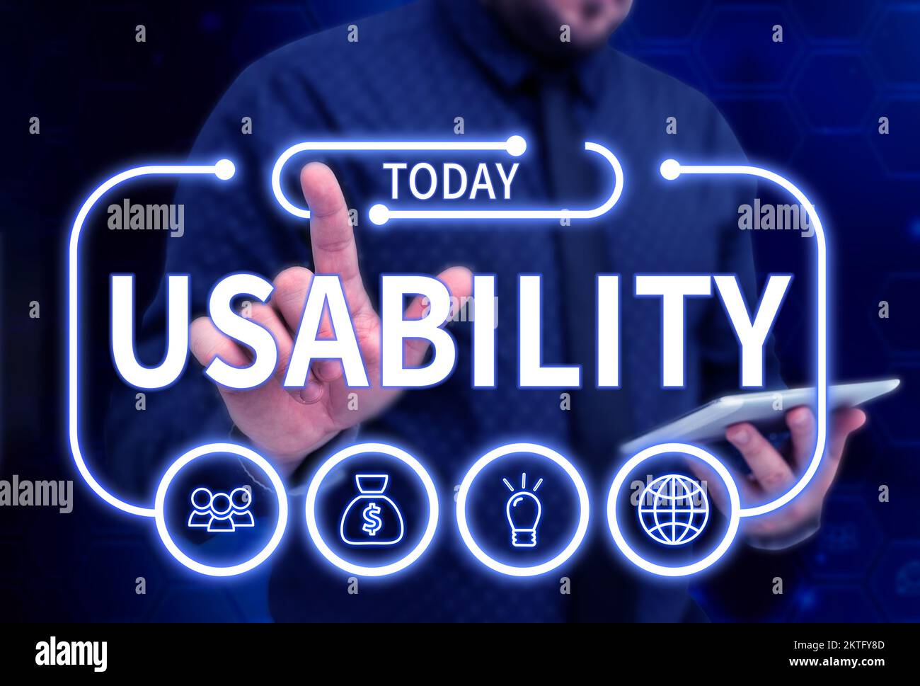 Text caption presenting Usability, Business overview A word assosiated ...