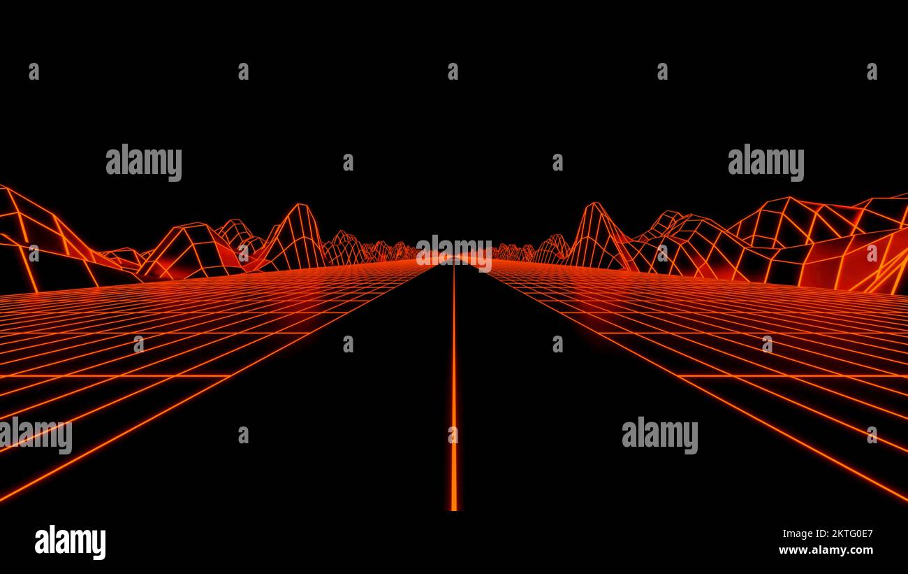 Retro-style virtual road. Design. Cyber animation with neon road and ...