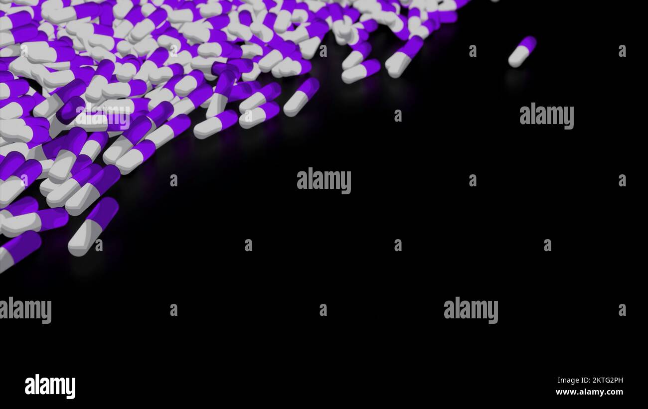Lots of pills on black background. Design. A lot of 3d tablets are ...