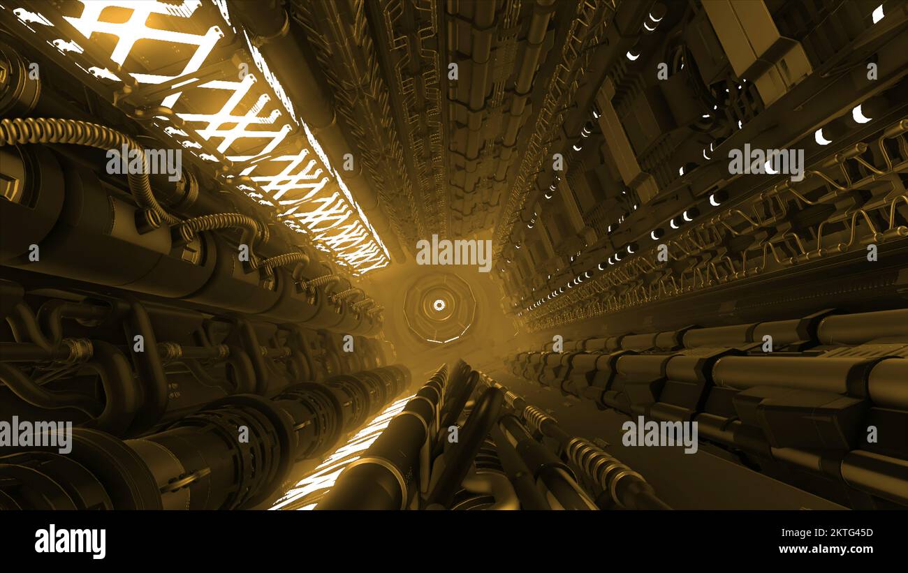 Inside futuristic canal with pipes. Motion. Technical 3d tunnel with ...