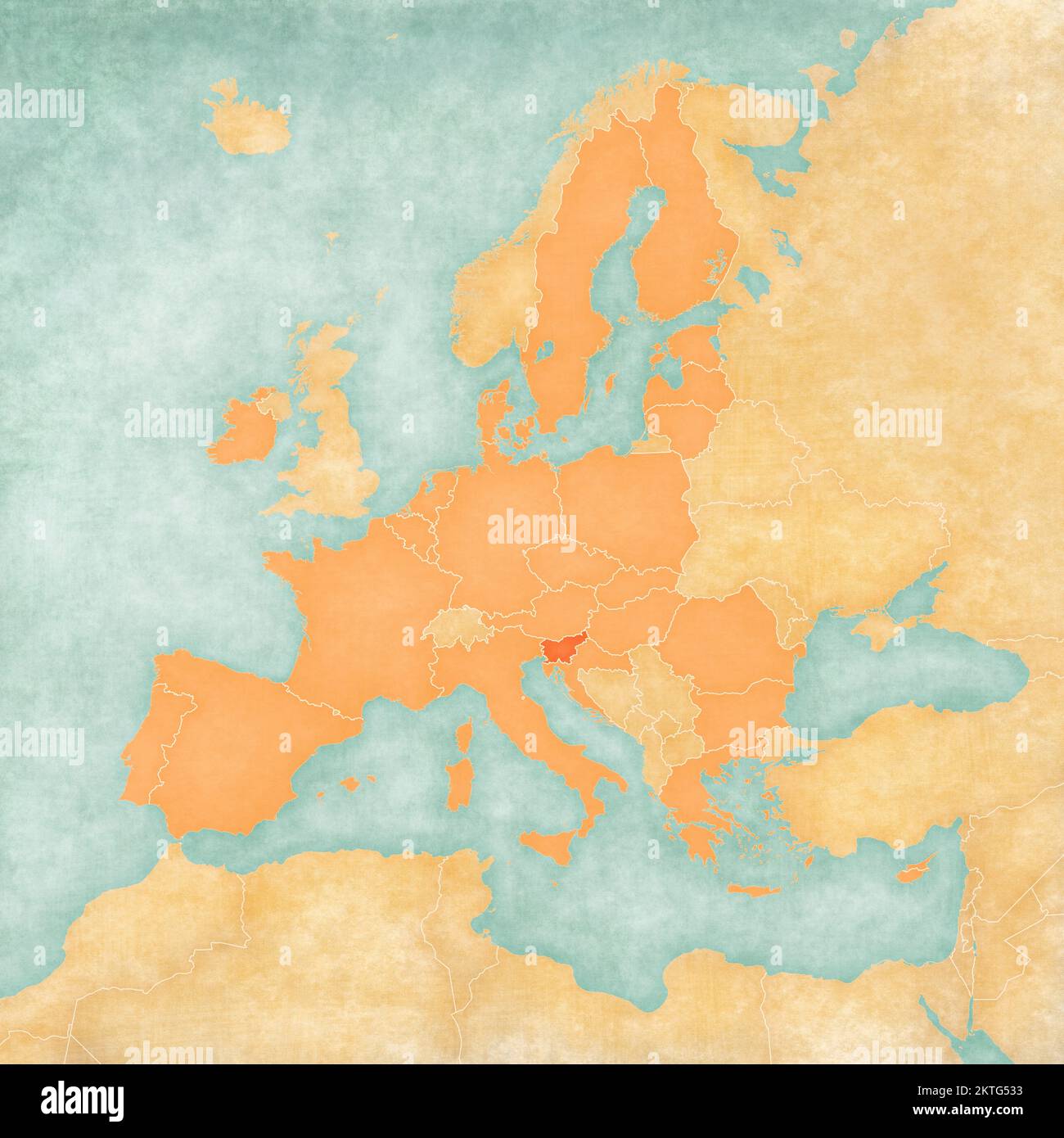 Slovenia on the map of European Union in soft grunge and vintage style ...