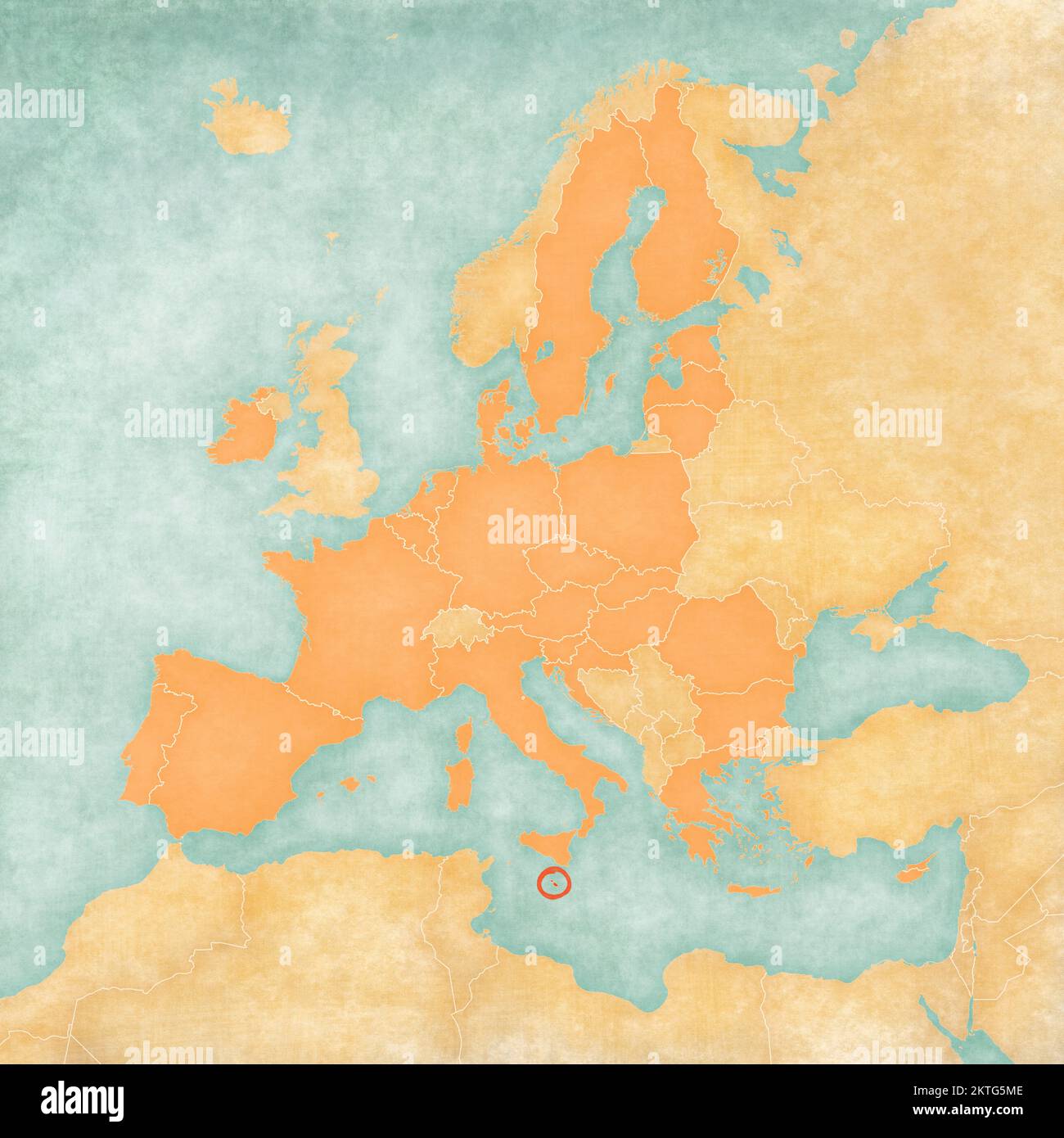 Malta on the map of European Union in soft grunge and vintage style ...