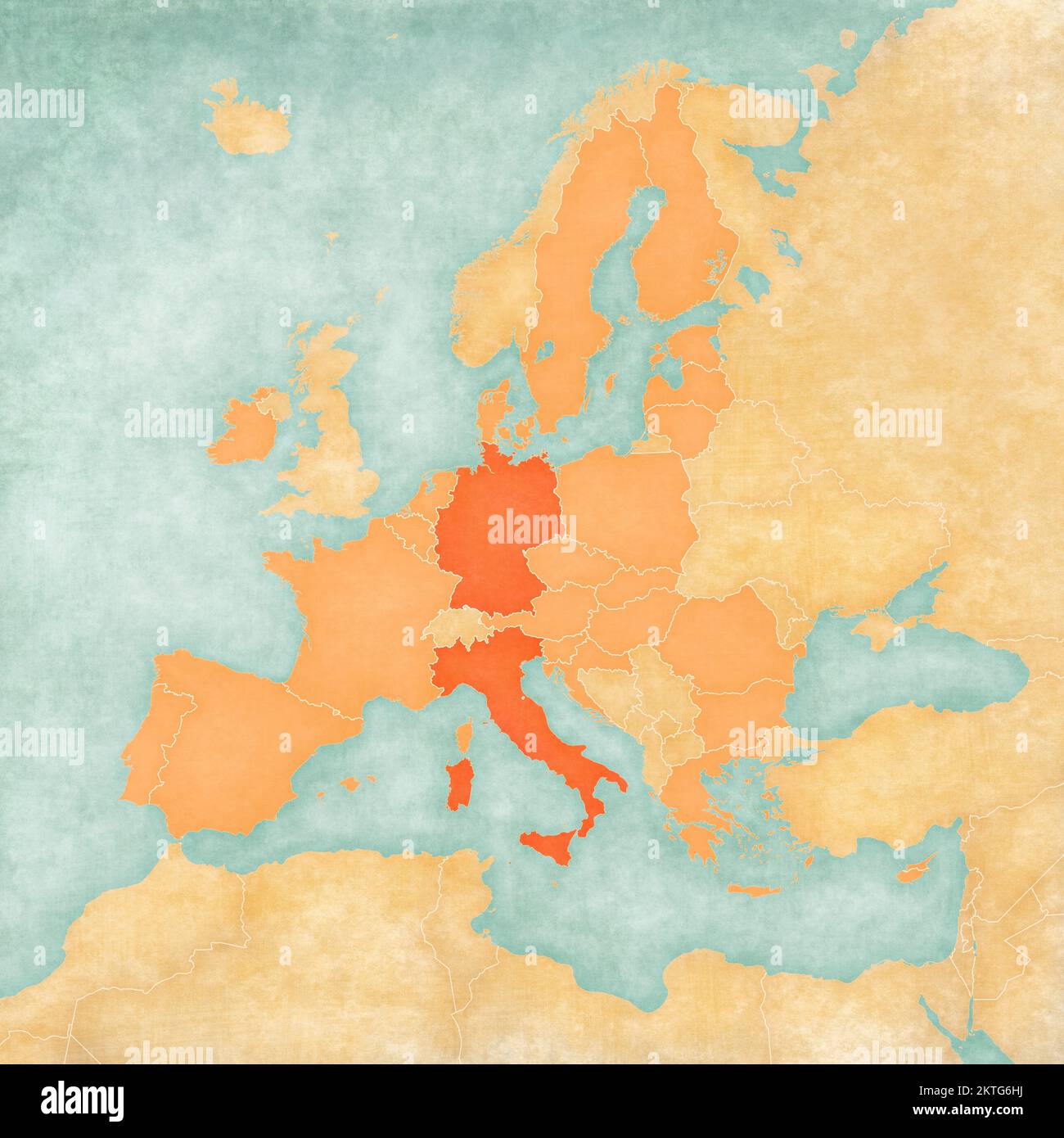Germany and Italy on the map of European Union in soft grunge and ...