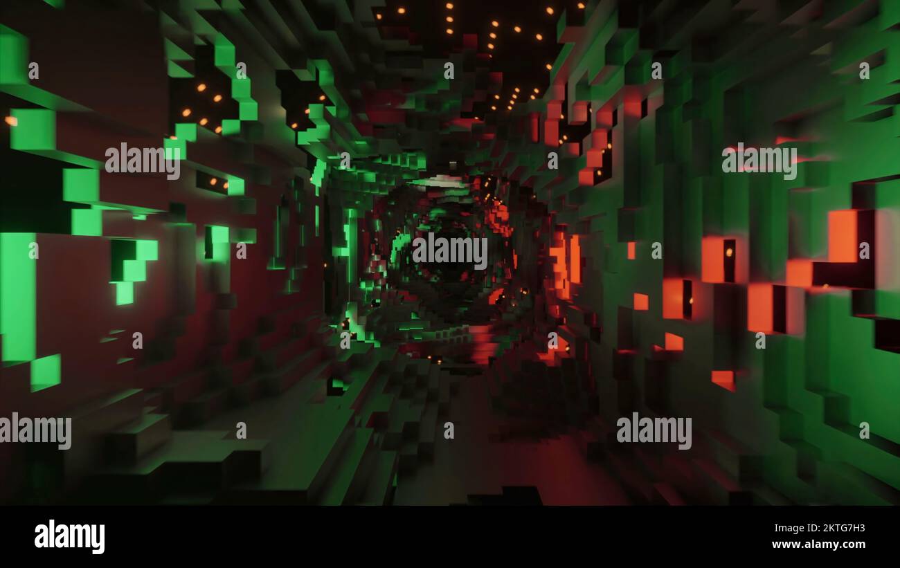 Cyber tunnel with pixels and rotating dots. Design. Movement in ...