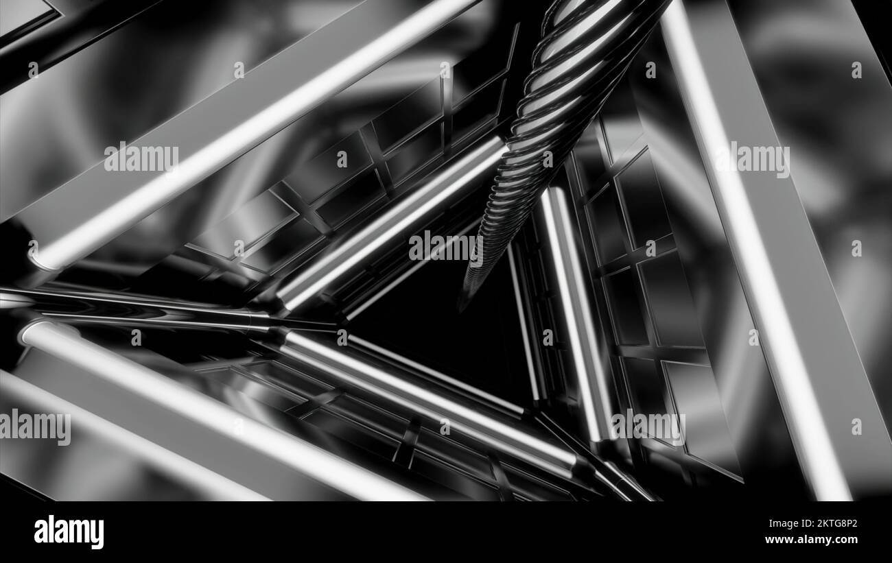 Triangular 3d tunnel with metal walls. Design. Rotating 3d tunnel with ...
