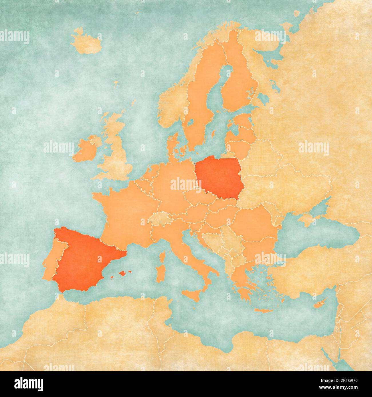 Spain and Poland on the map of European Union in soft grunge and ...