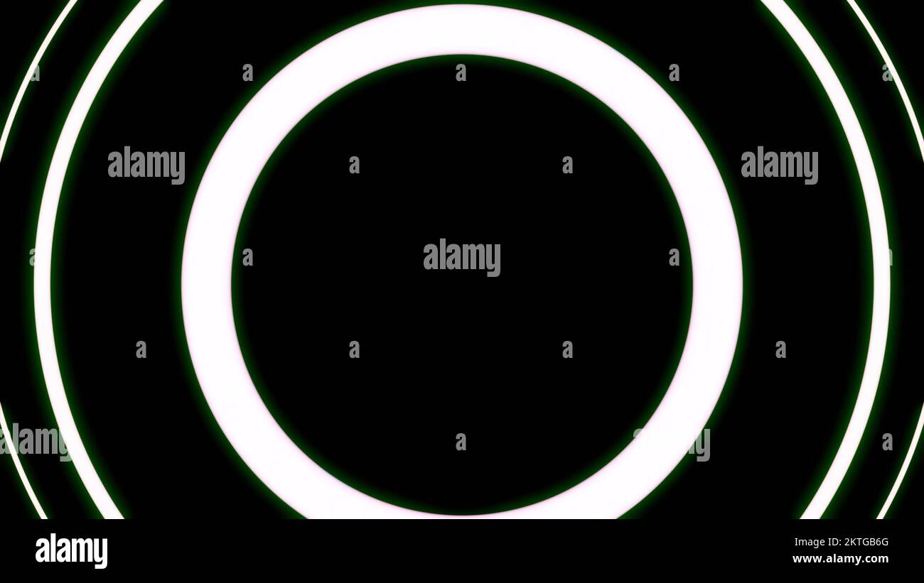 Moving neon circles on a black background. design. Red widening rings ...