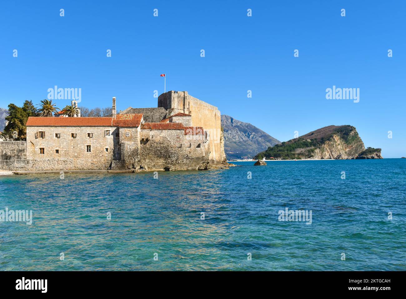 Beautiful coast and the old town of Budva, Montenegro. Adriatic sea ...