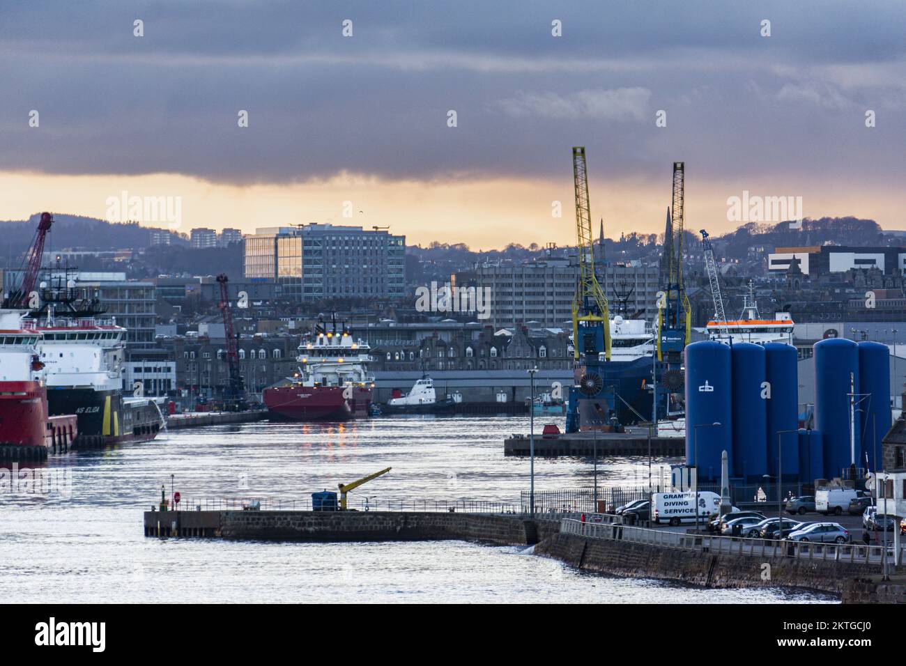 Aberdeen harbor, Scotland. A busy port for the oil industry. The VTS ...