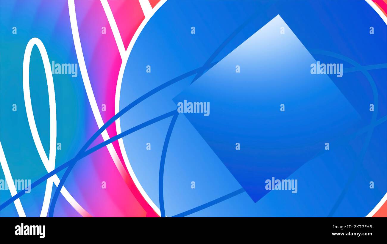 Animation with lines, circle and square appearing. Motion. Curved lines are drawn on colorful ...