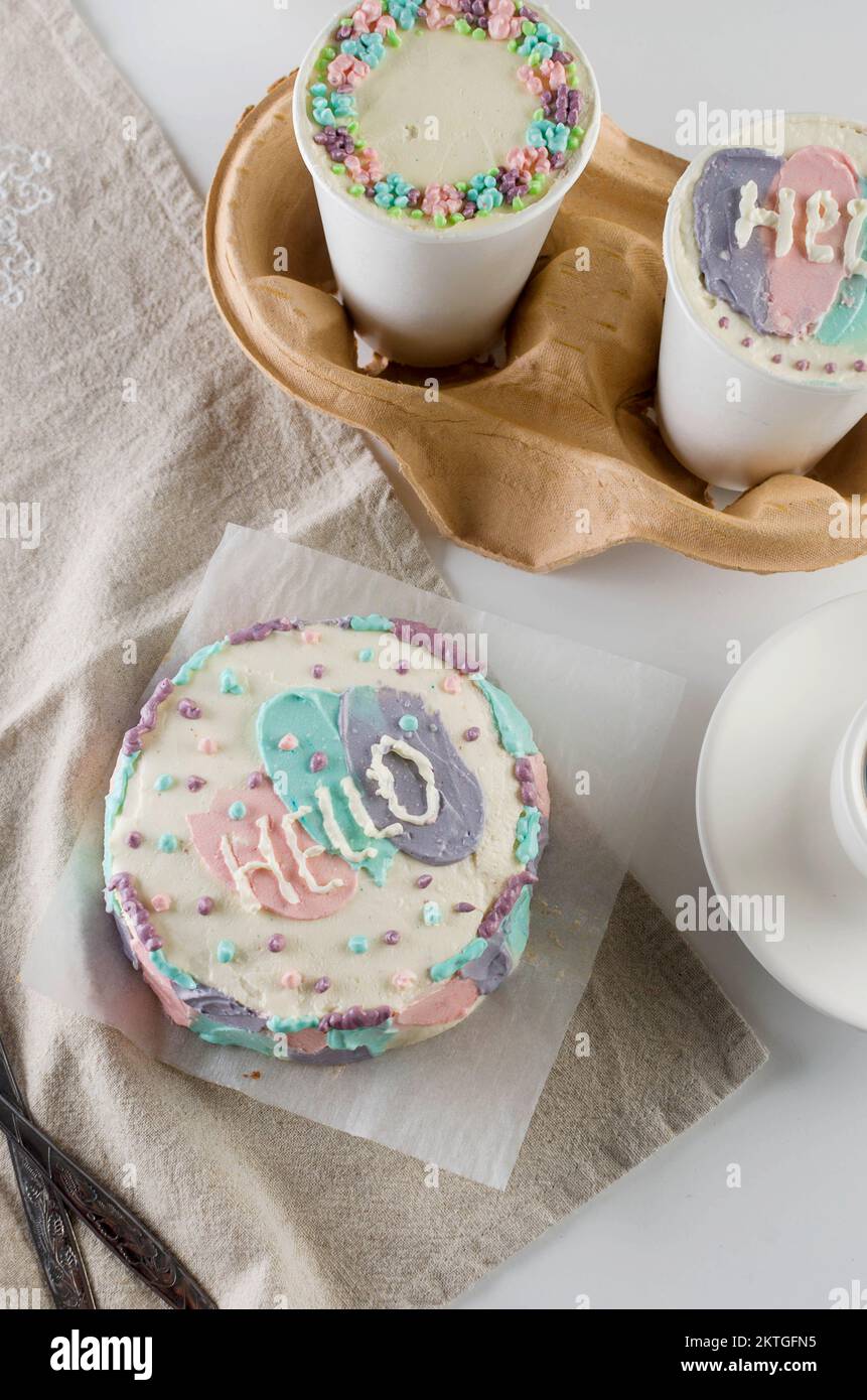 homemade mini bento cake with cute colored decor and lettering "hello ...