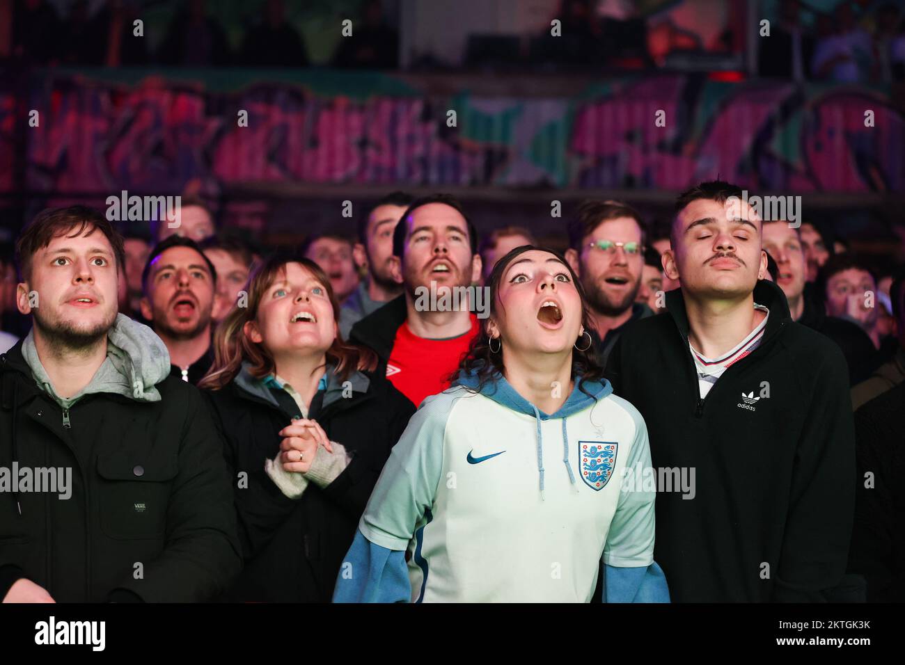 England fans react at the 4TheFans Fan Park at LDN East, London, during ...