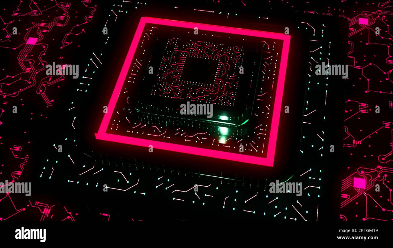 3D chip with neon lines. Motion. Large motherboard on futuristic neon ...