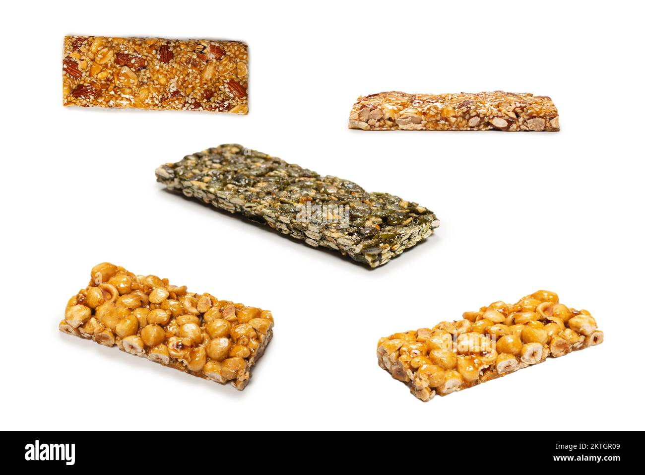 Bar with nuts isolated on a white background. Hazelnut bar. Top view ...