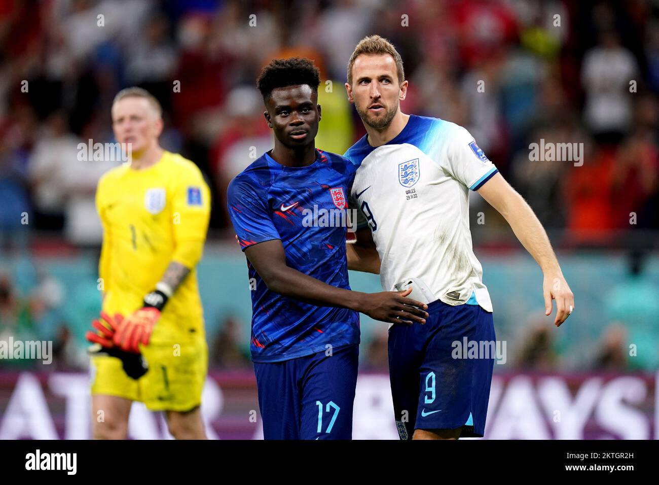 England's Harry Kane, (right) is congratulated by teammate Bukayo Saka ...