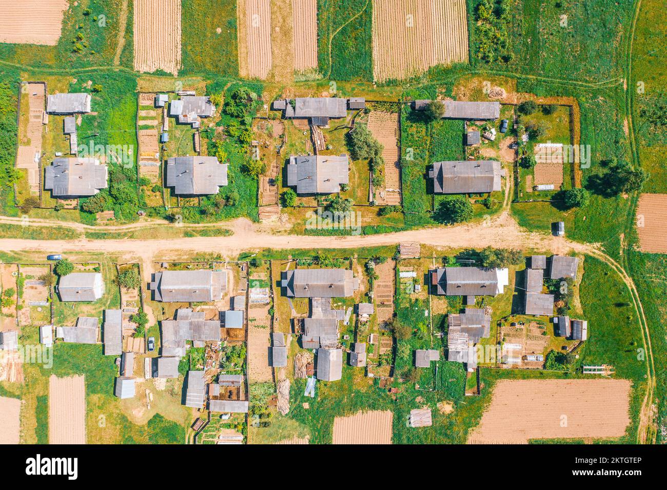Aerial view from the height of the village with houses and streets ...