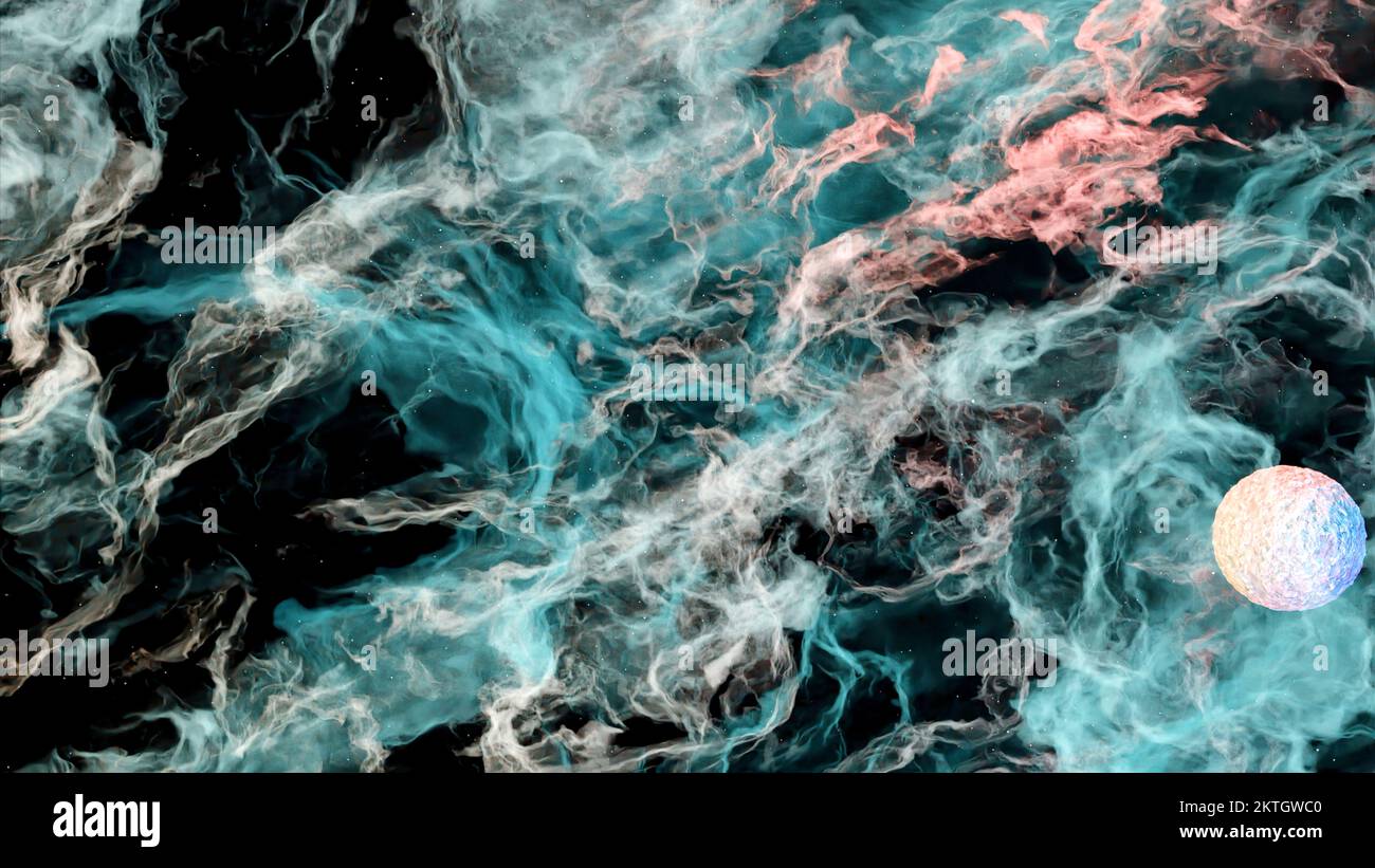 Flying in space through stars and gas cloud with cosmic nebulas. Design ...