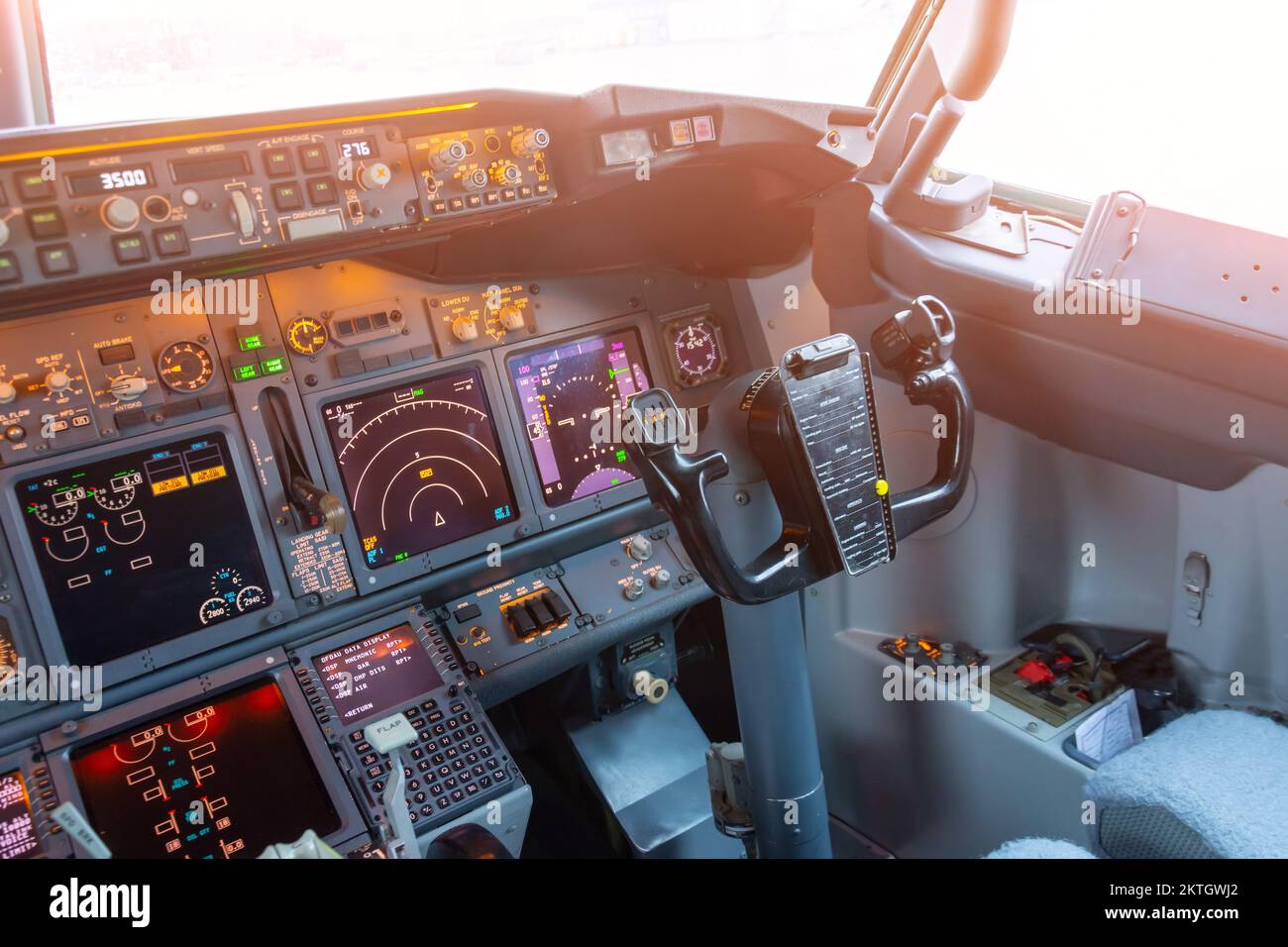 The aircraft steering wheel in the cockpit, the view of the right sea ...