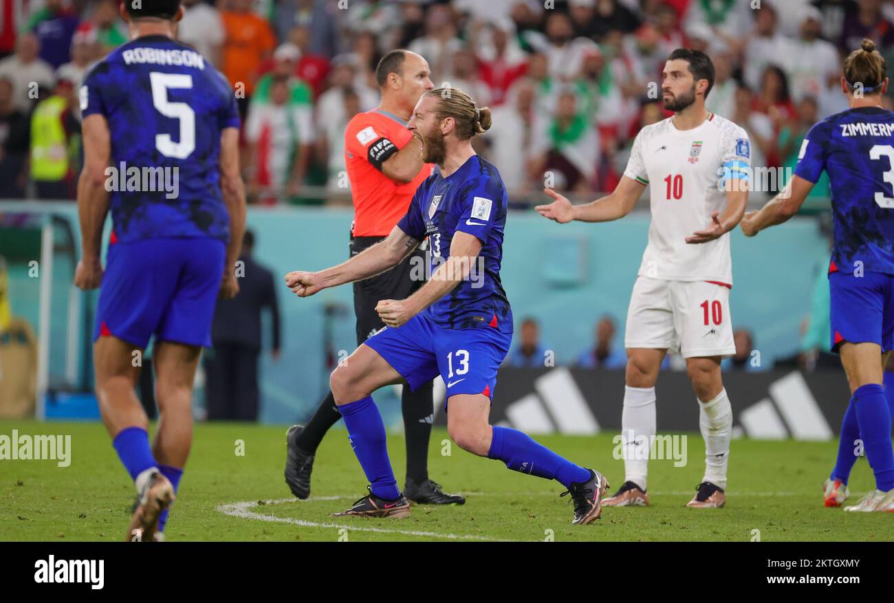 US Tim Ream celebrates after winning a soccer game between Iran and USA ...