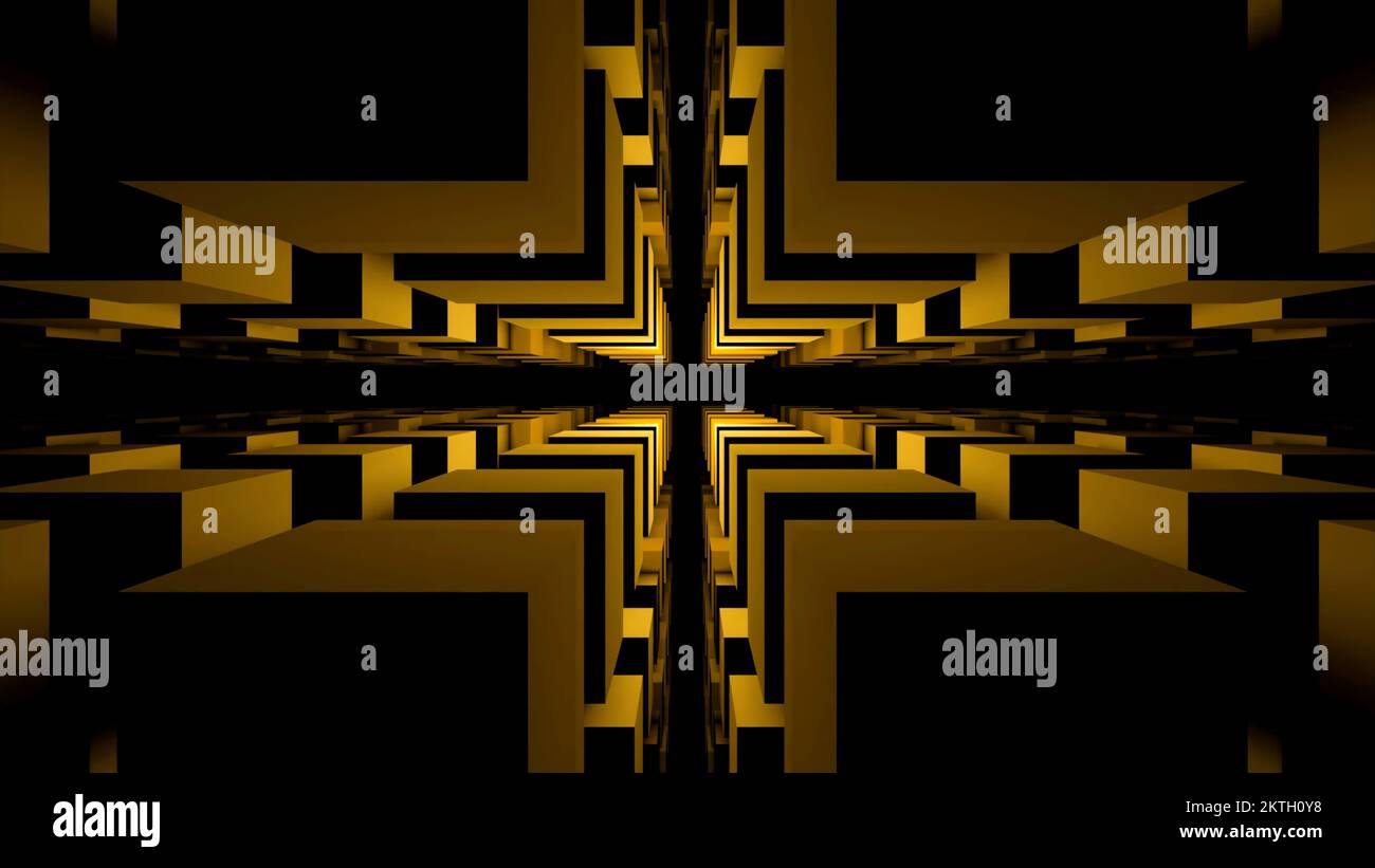 Yellow corridor. Design.Light animation with a long illuminated tunnel ...