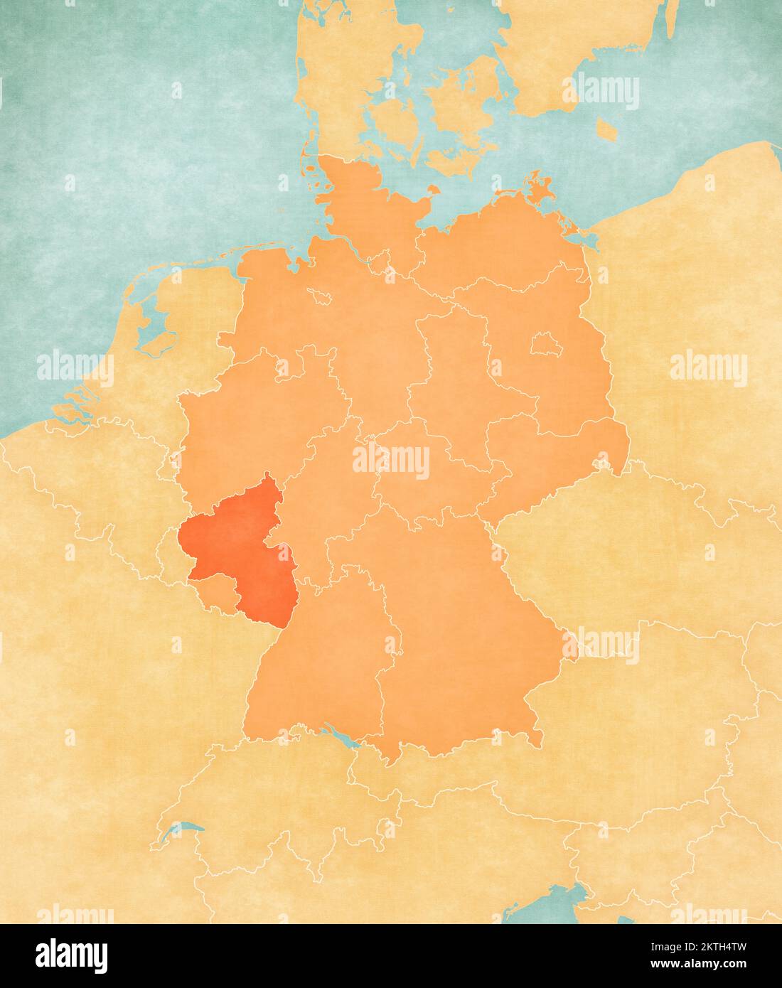 Rhineland-Palatinate on the map of Germany in soft grunge and vintage ...