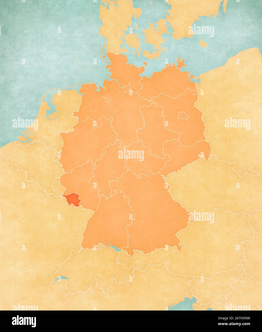 Saarland on the map of Germany in soft grunge and vintage style, like ...