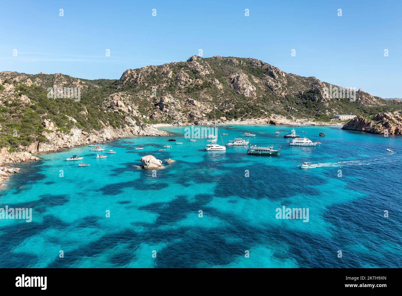 Aerial view of Spargi Island with Cala Corsara, a white sand beach ...