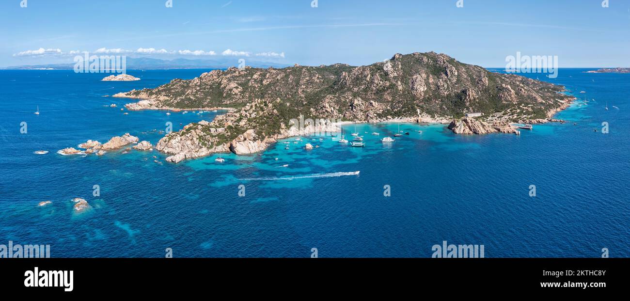 Aerial panoramic view of Spargi Island in the La Maddalena Archipelago ...