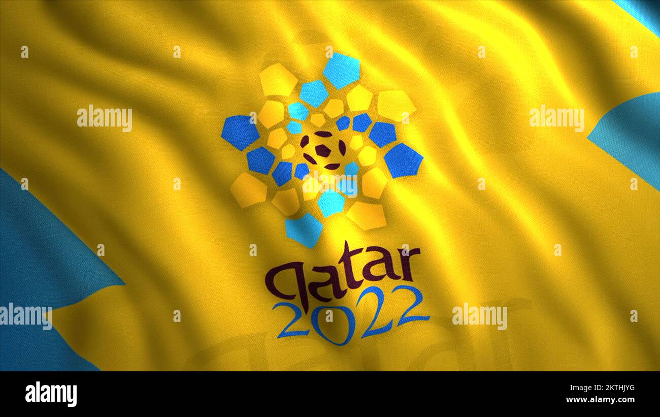 Abstract Qatar 2022 FIFA World Cup rippling flag with logo. Motion ...