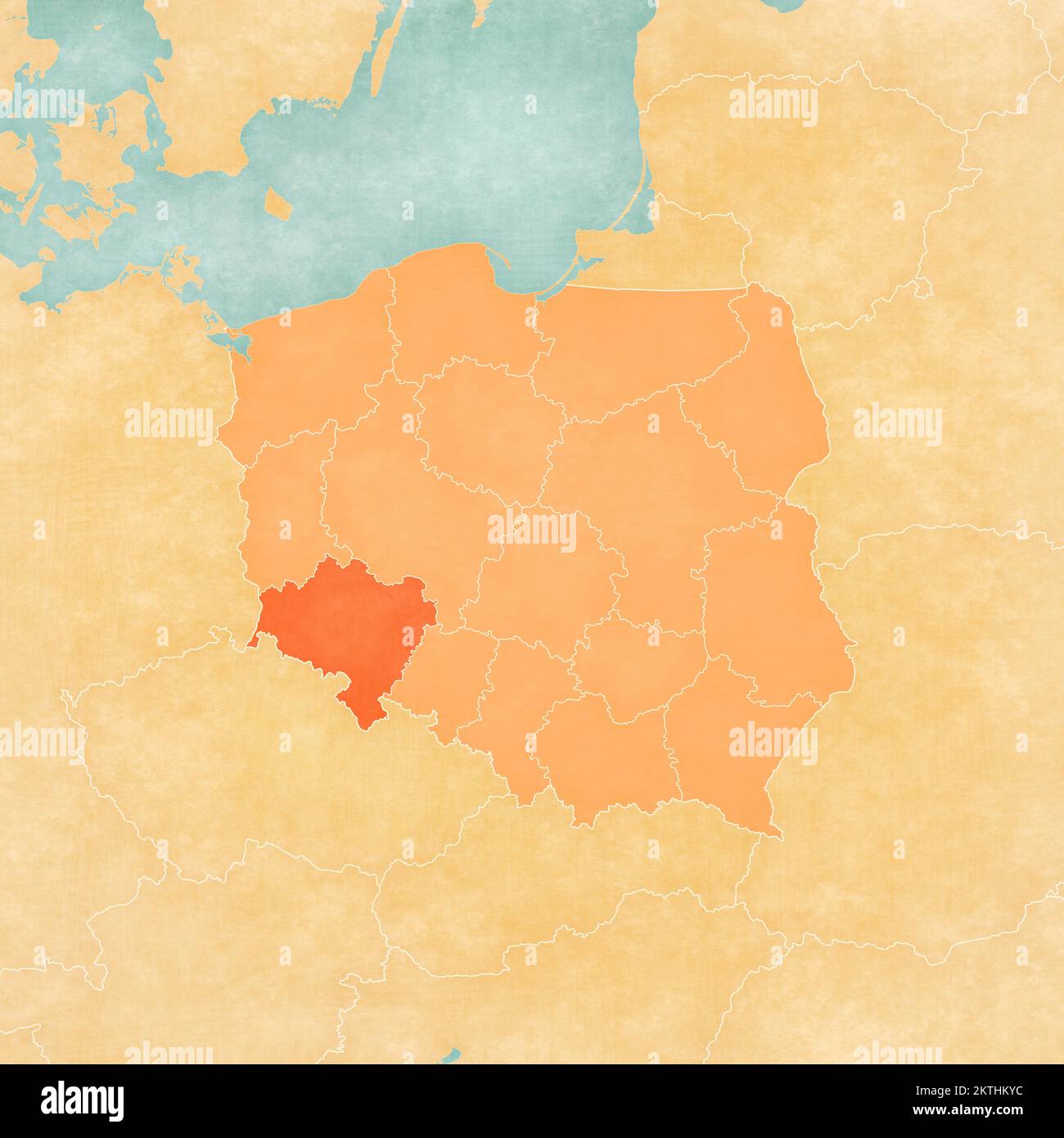 Lower Silesia on the map of Poland in soft grunge and vintage style ...
