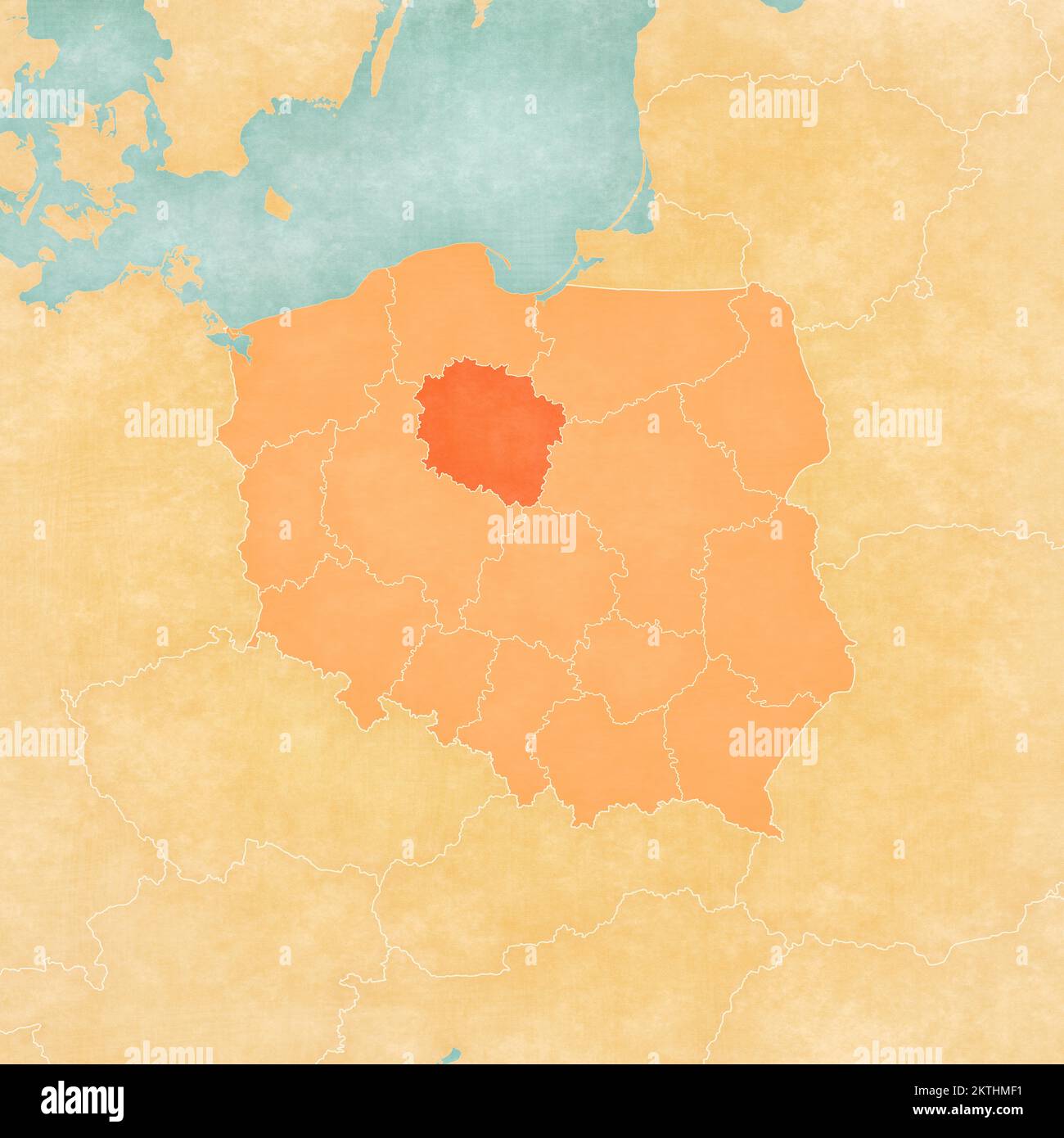 Kuyavia-Pomerania on the map of Poland in soft grunge and vintage style ...