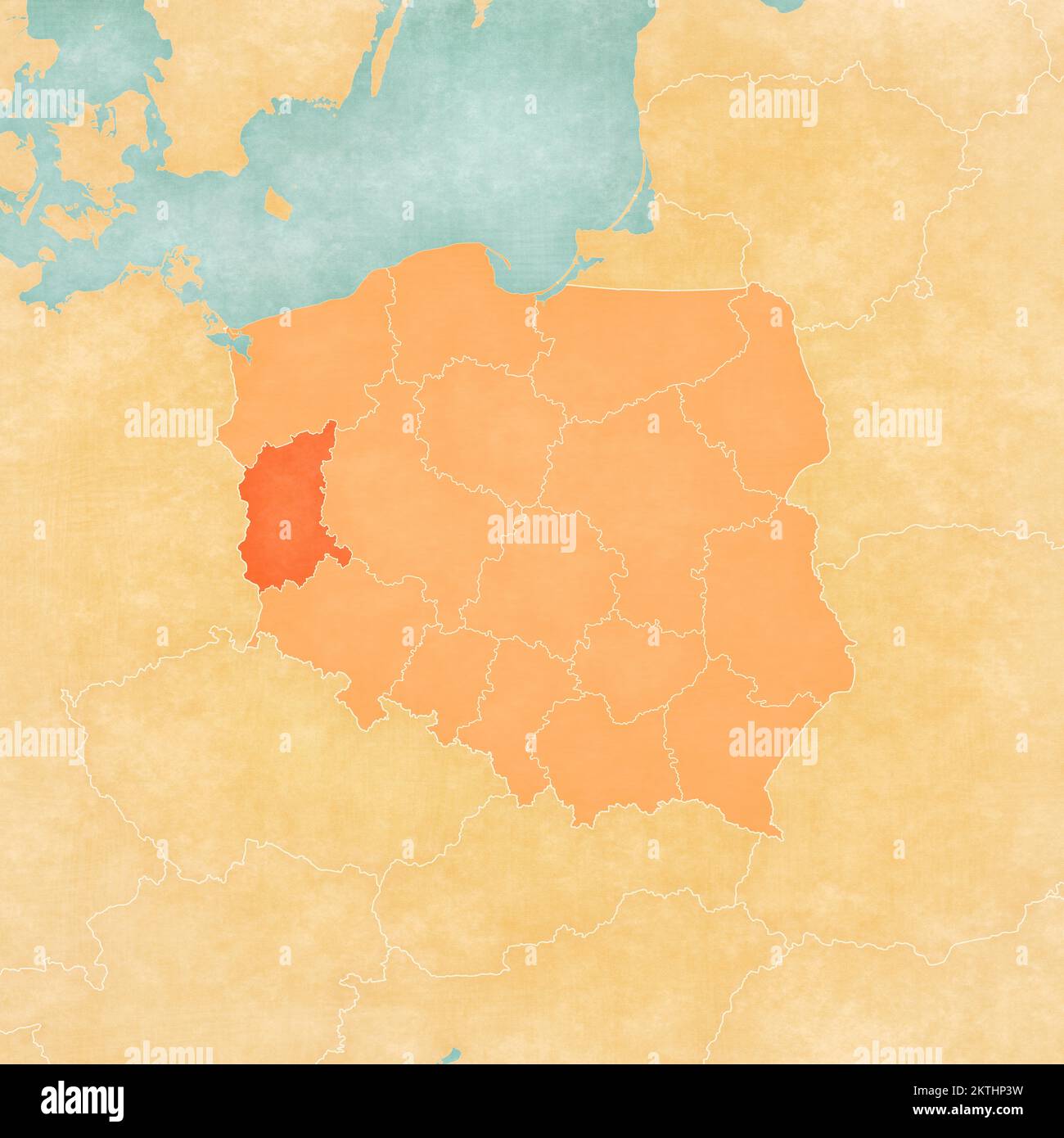 Lubusz on the map of Poland in soft grunge and vintage style, like old ...