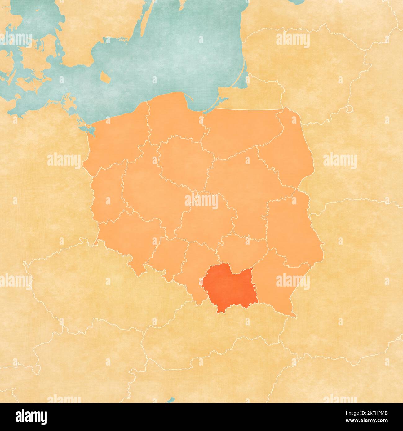 Lesser Poland on the map of Poland in soft grunge and vintage style ...