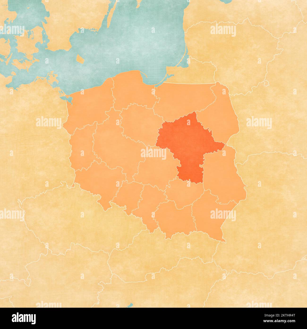 Mazovia on the map of Poland in soft grunge and vintage style, like old ...