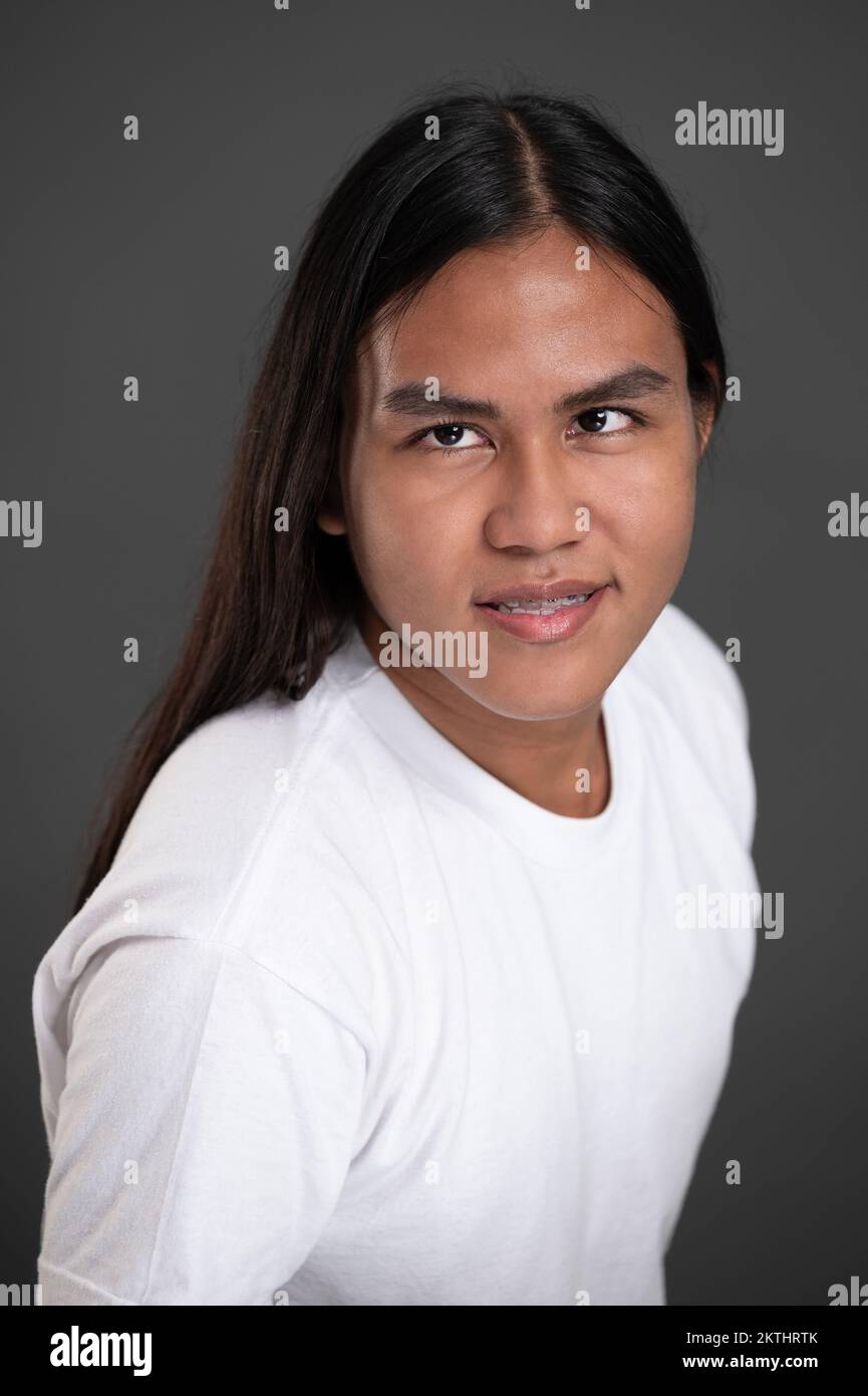 Headshot of indian man portrait close up view isolated on grey studio ...