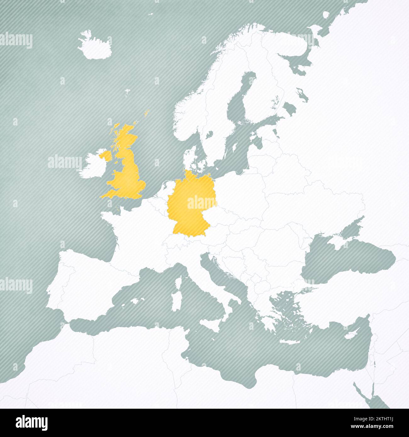 United Kingdom and Germany on the map of Europe with softly striped ...