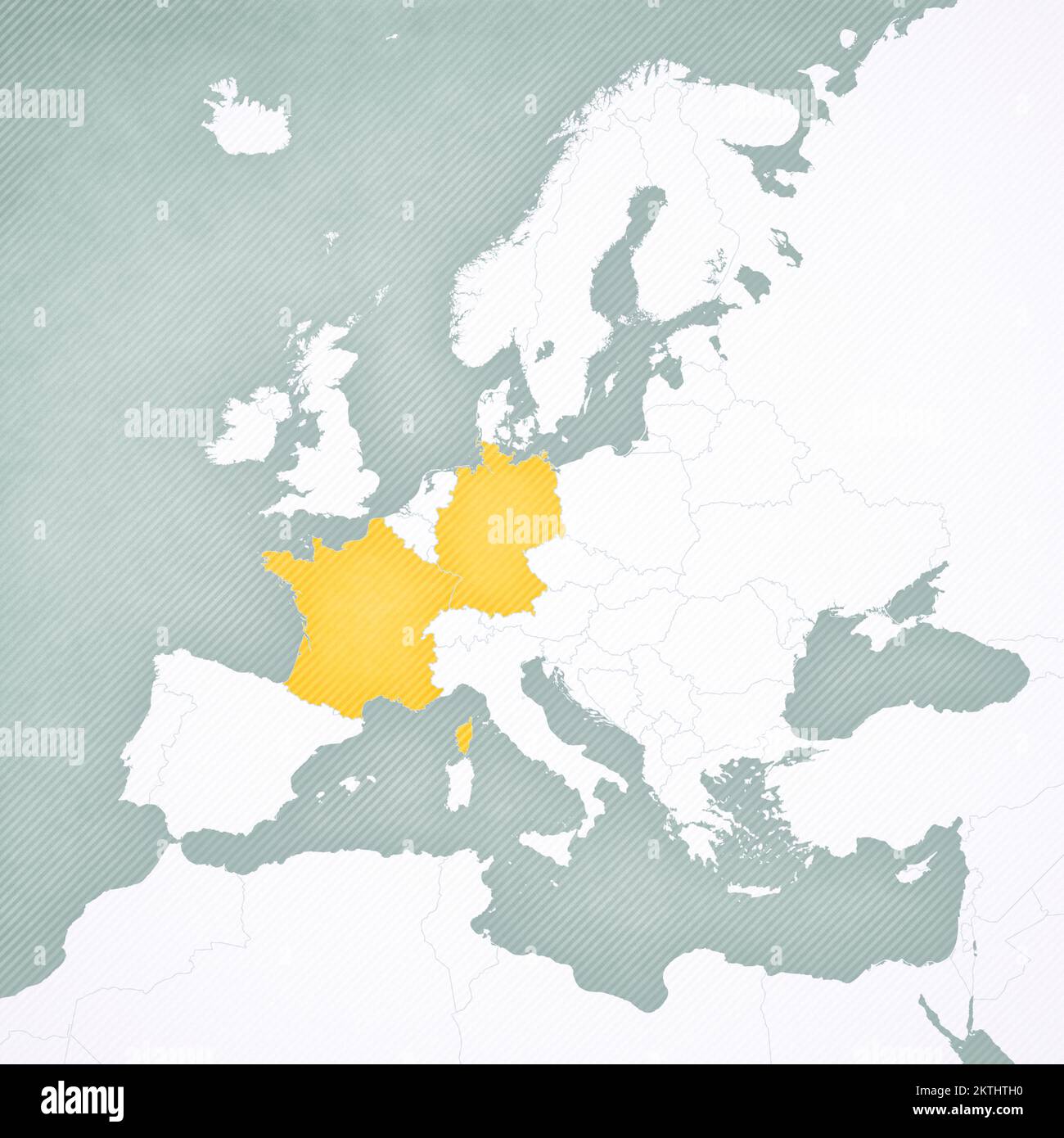 Germany and France on the map of Europe with softly striped vintage ...