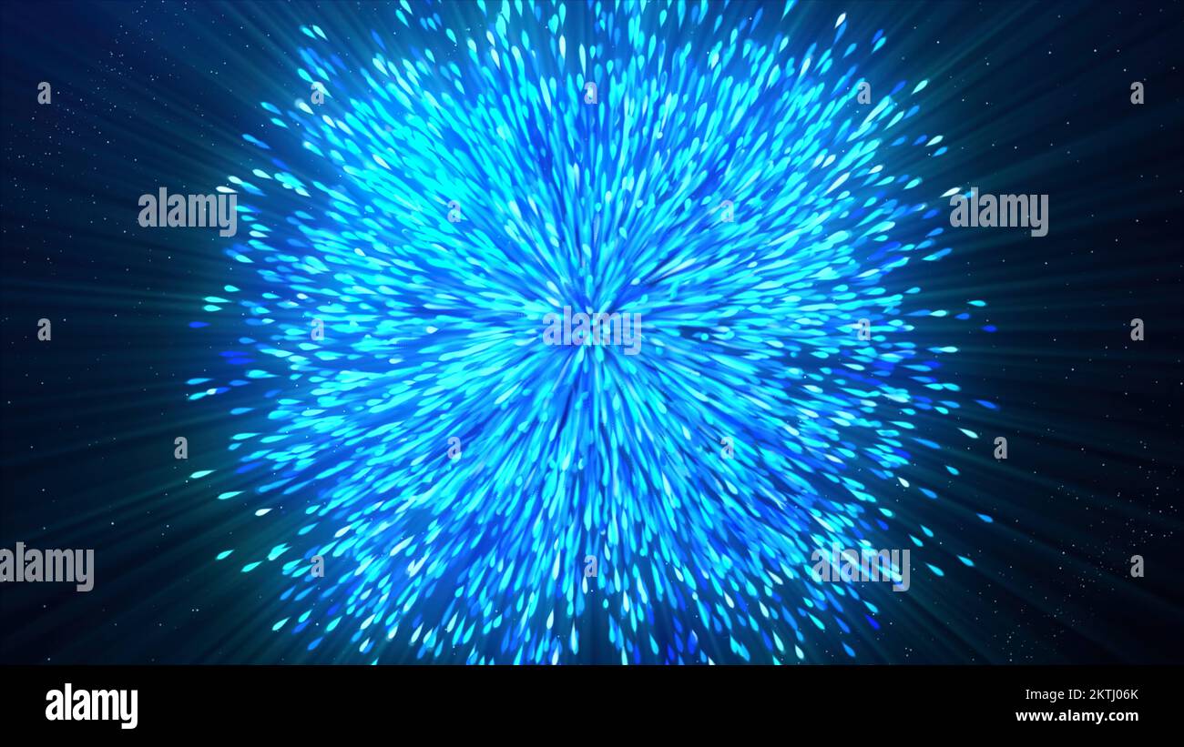 Colorful particles and strings spreading on a blue background. Motion ...