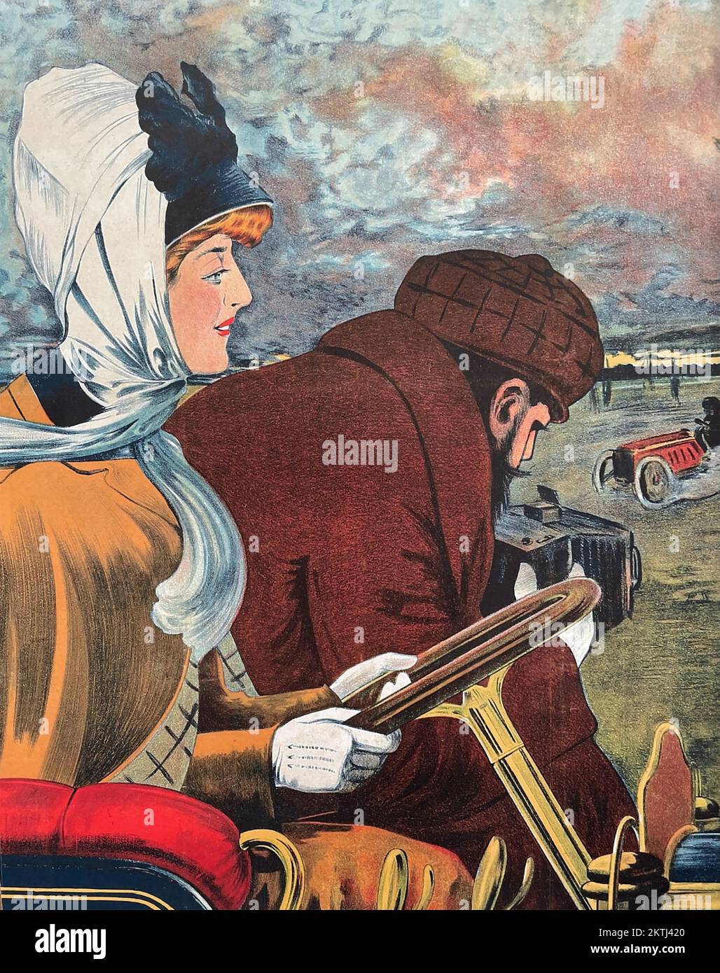 WOMAN DRIVER Section of a 1903 poster for the Italian car company ...