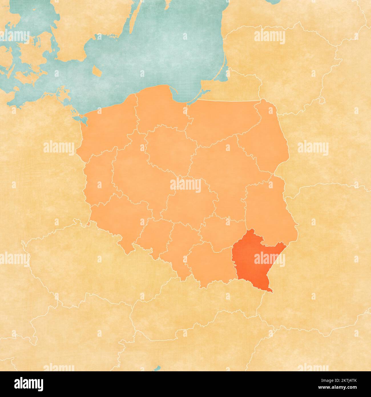 Subcarpathia on the map of Poland in soft grunge and vintage style ...