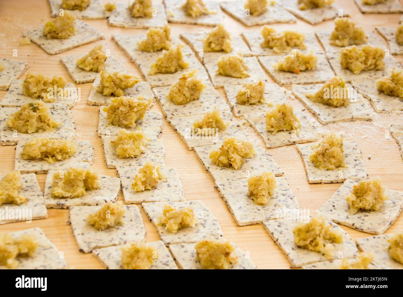 Raw Dough with Potato Filling for Cooking Buckwheat Pierogies Stock ...