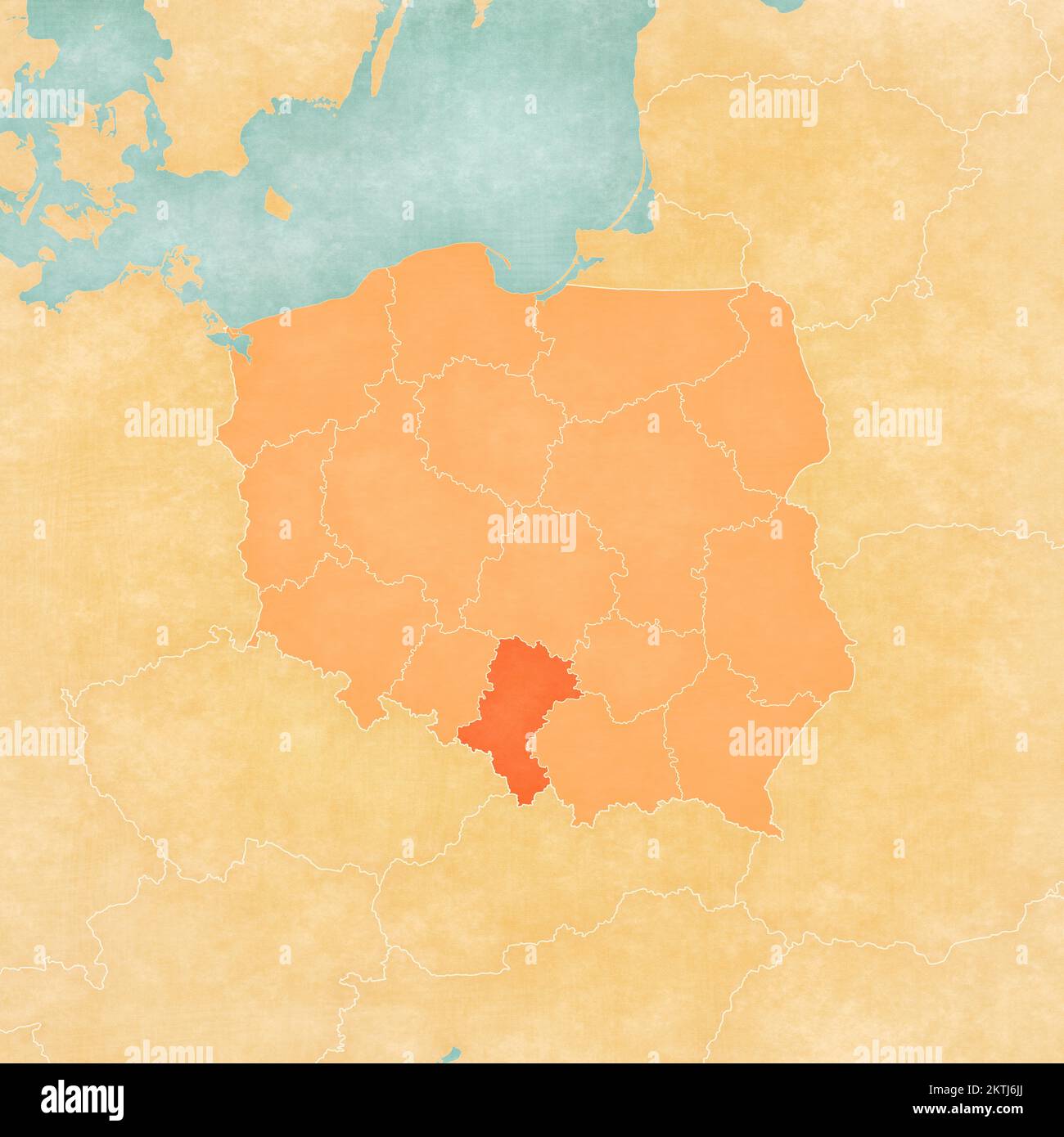 Silesia on the map of Poland in soft grunge and vintage style, like old ...